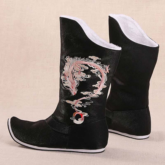Vintage Dragon Embroidery Pointed Toe Plush Boots – SpreePicky
