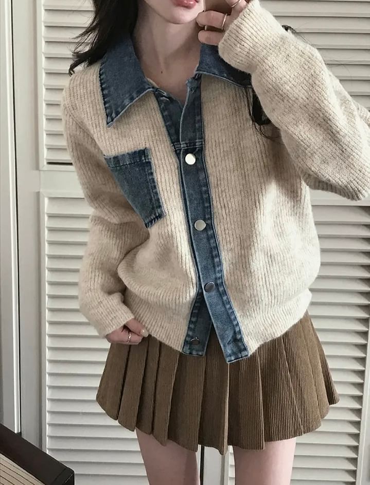 Collared Denim Panel Button Up Knit Jacket – SpreePicky