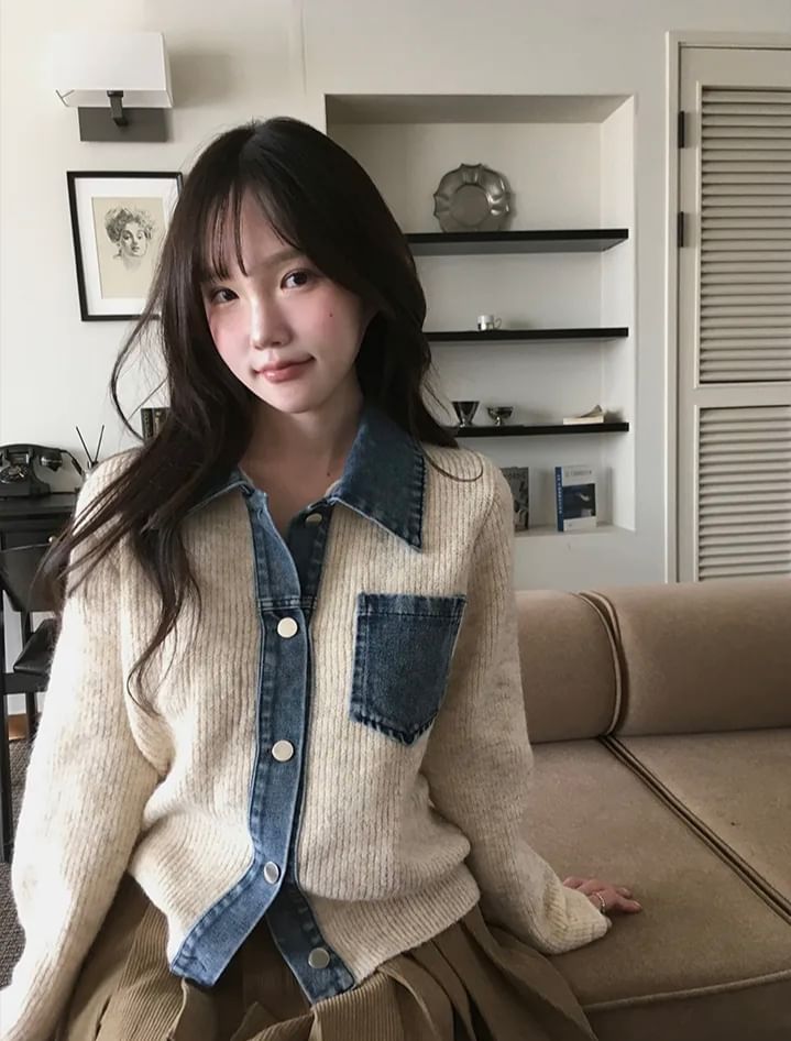 Collared Denim Panel Button Up Knit Jacket – SpreePicky