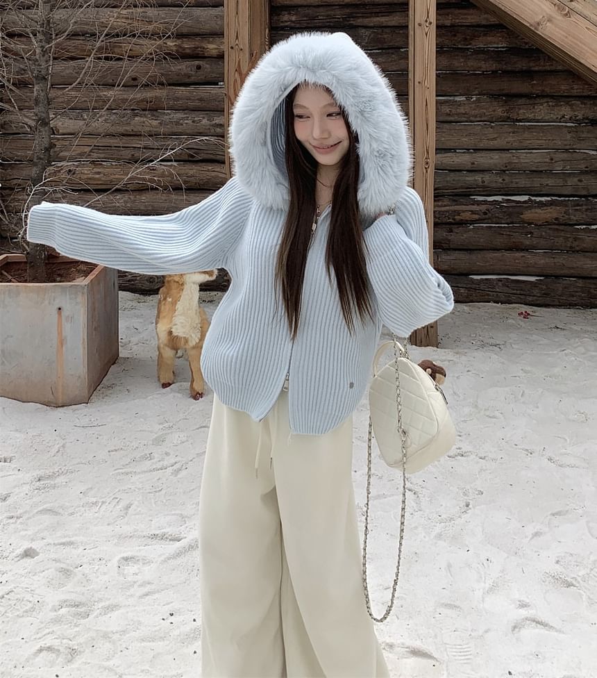 Fluffy Trim Hood Ribbed Zip Cardigan – SpreePicky