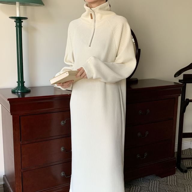 Long-Sleeve Half-Zip Plain Ribbed Maxi Sweater Dress – SpreePicky