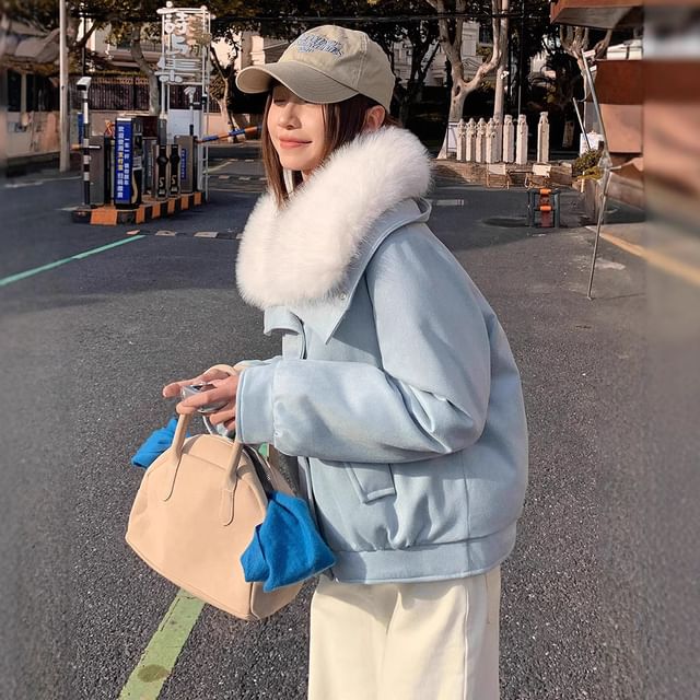 Fluffy Hooded Faux Leather Puffer Jacket – SpreePicky