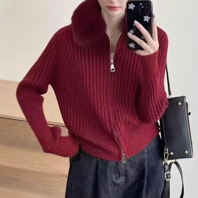 Fluffy Collar Plain Ribbed Knit Zip Cardigan – SpreePicky