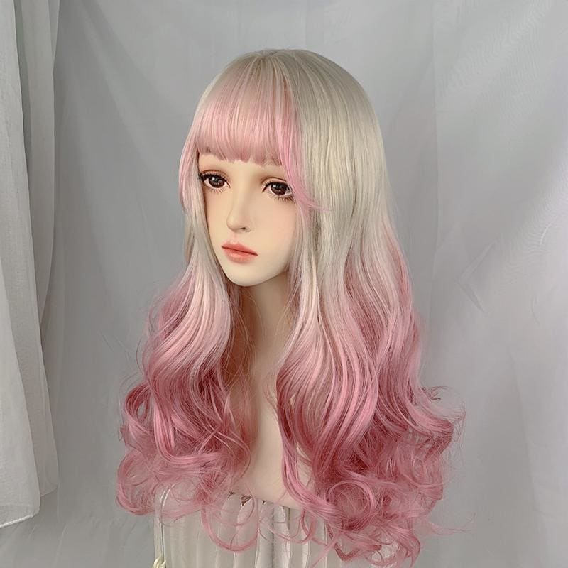 Kawaii Cute Platinum Gradient Pink Long Curly Lolita Wig MK16753 ...