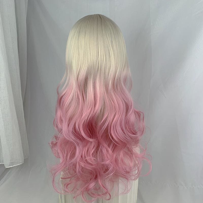 Kawaii Cute Platinum Gradient Pink Long Curly Lolita Wig MK16753 ...
